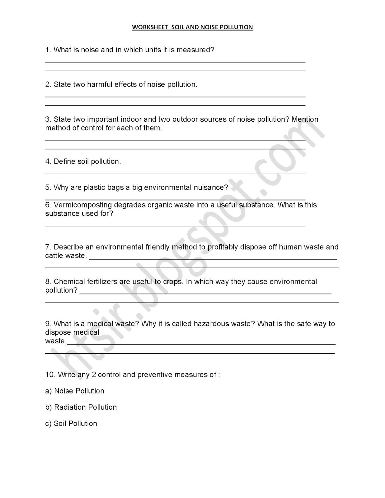 Class 9 worksheet on soil radiation and noise pollution