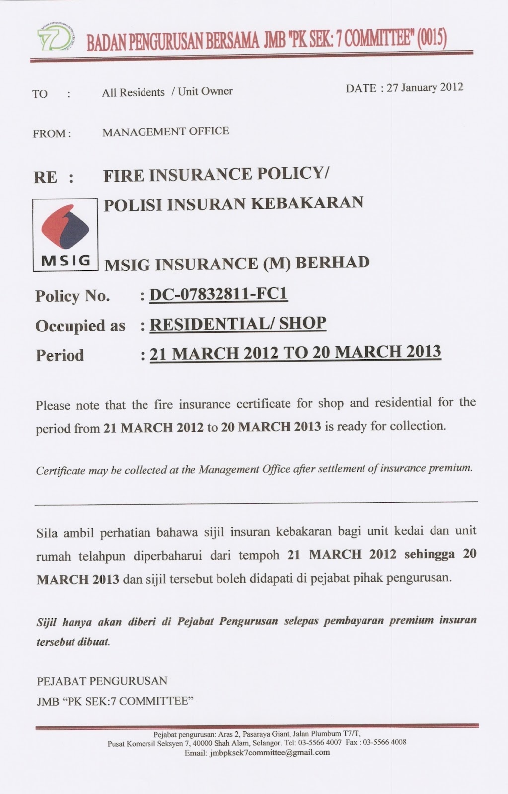 Pembaharuan Polisi Insuran Kebakaran (fire Insurance) tahun 2012/2013 ...
