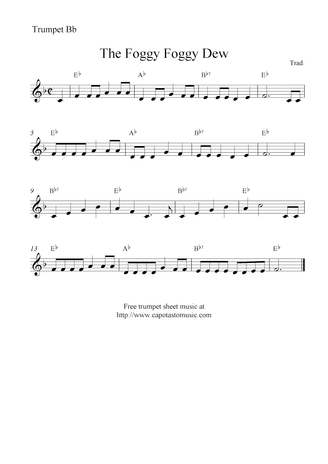 Easy Sheet Music For Beginners: The Foggy Foggy Dew, free trumpet sheet ...