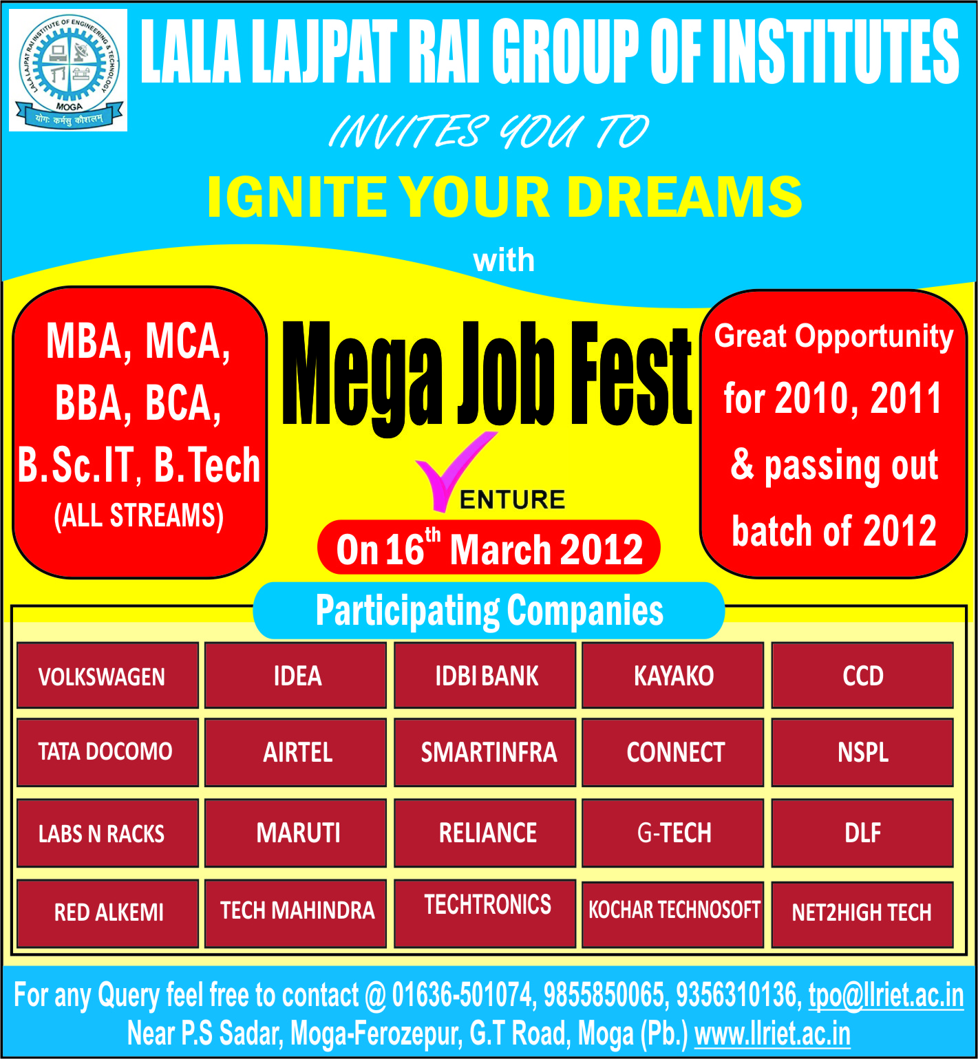 PLACEMENT INFO: MEGA JOB FEST BY LALA LAJPAT RAI GROUP OF INSTITUTES ...