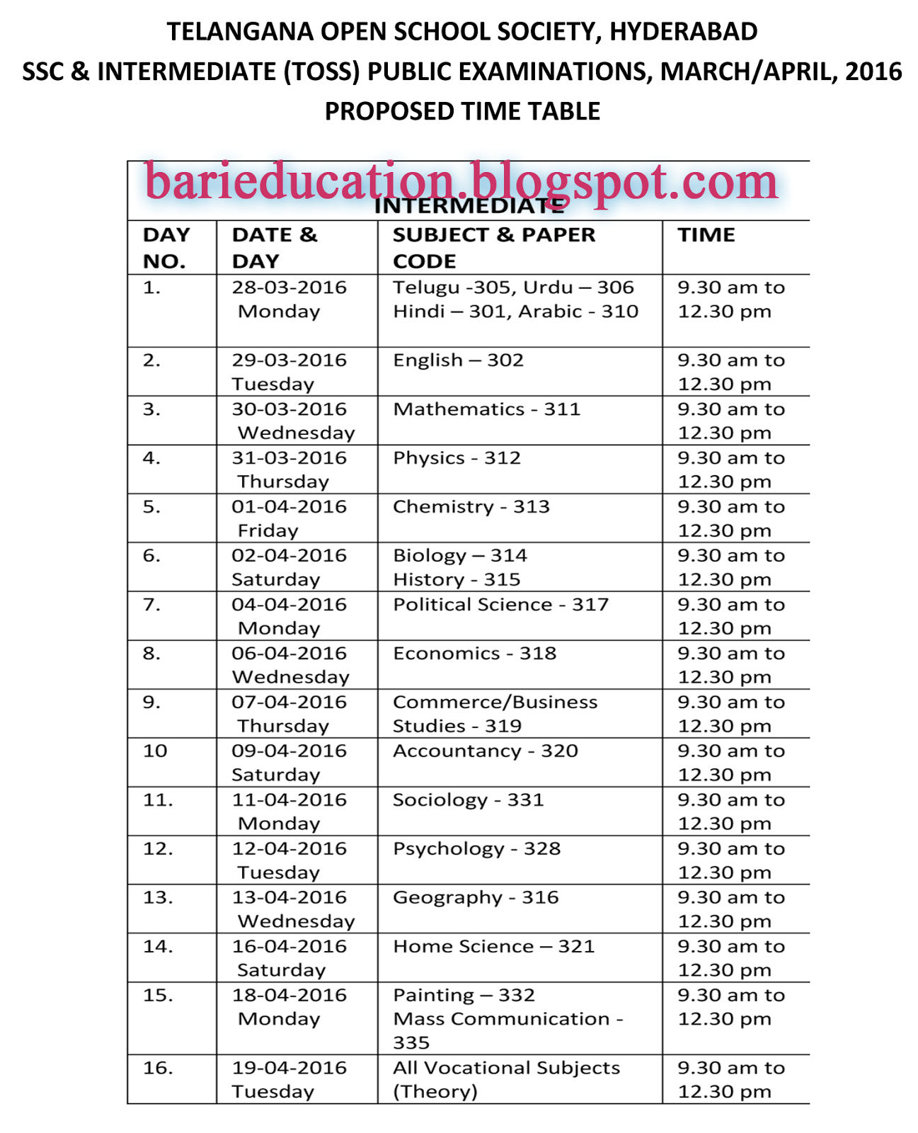 Telangana open Intermediate 12th Time Table 2016 | AP TS TG 2016 Results