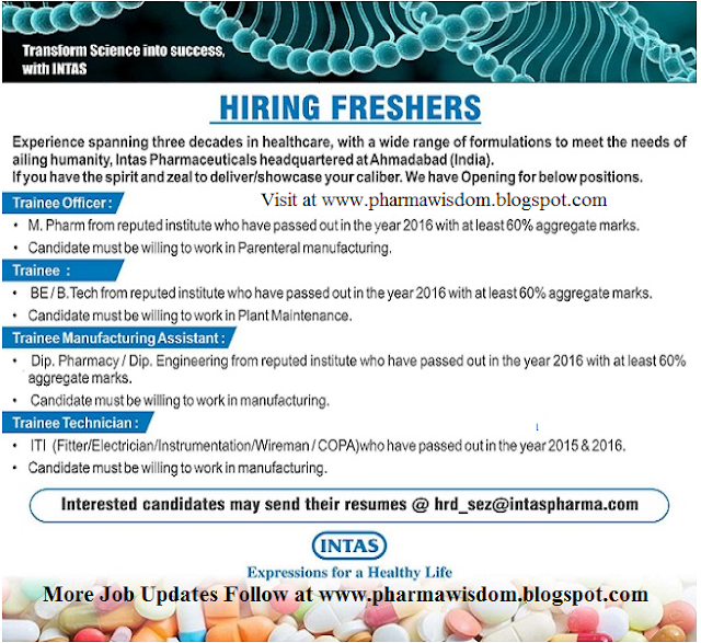 Hiring Freshers @ Intas Pharmaceuticals Ltd - PHARMA WISDOM
