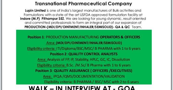 NABL GUIDELINES: LUPIN LIMITED Walk In Interview's For Production, Quality Control, Quality ...