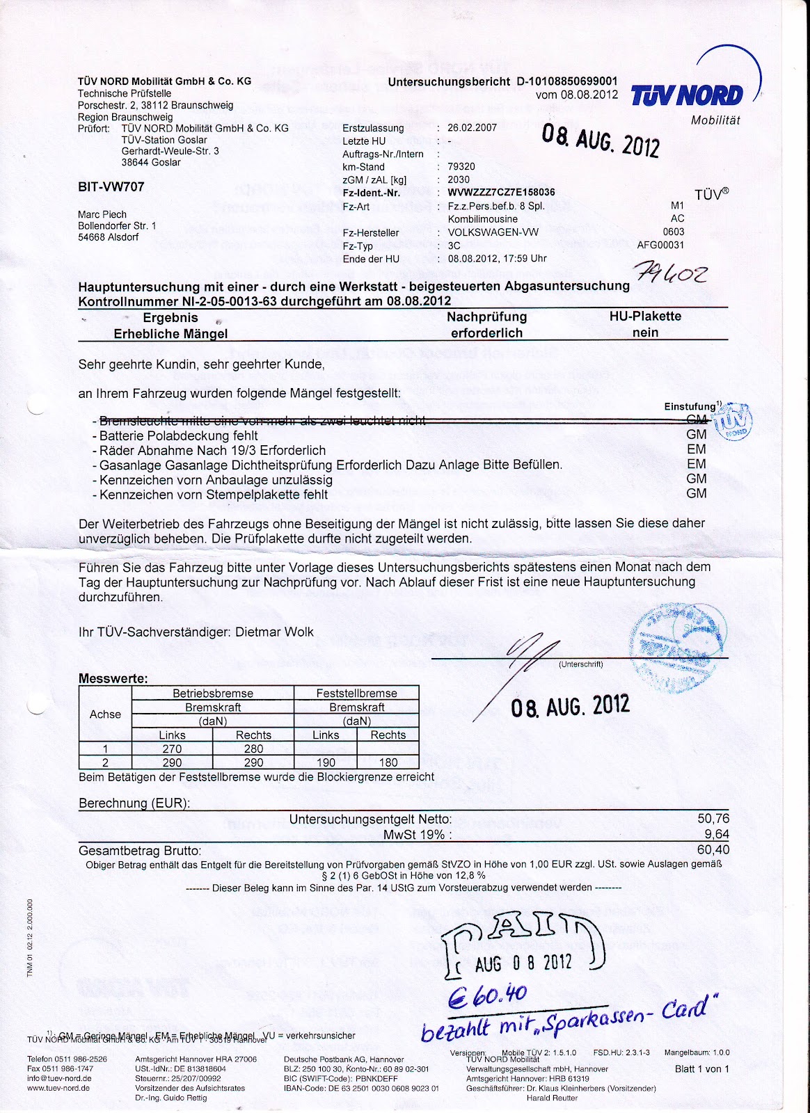 BIT-VW707: Papiere und TÜV-Bericht für VW-Passat Variant mit ...