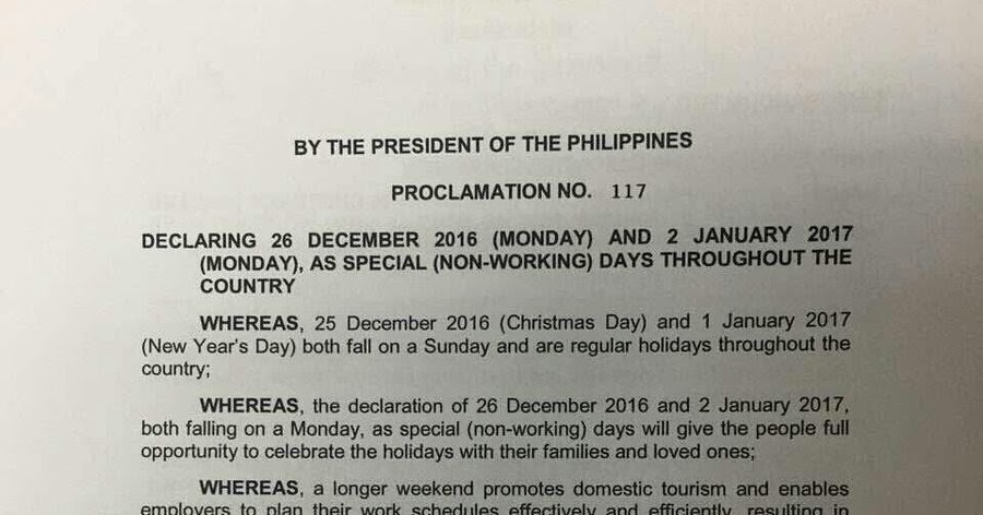December 26, 2016 and January 2, 2017 are special non-working holidays ...