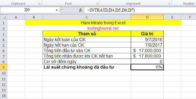 Cách sử dụng hàm Intrate trong excel