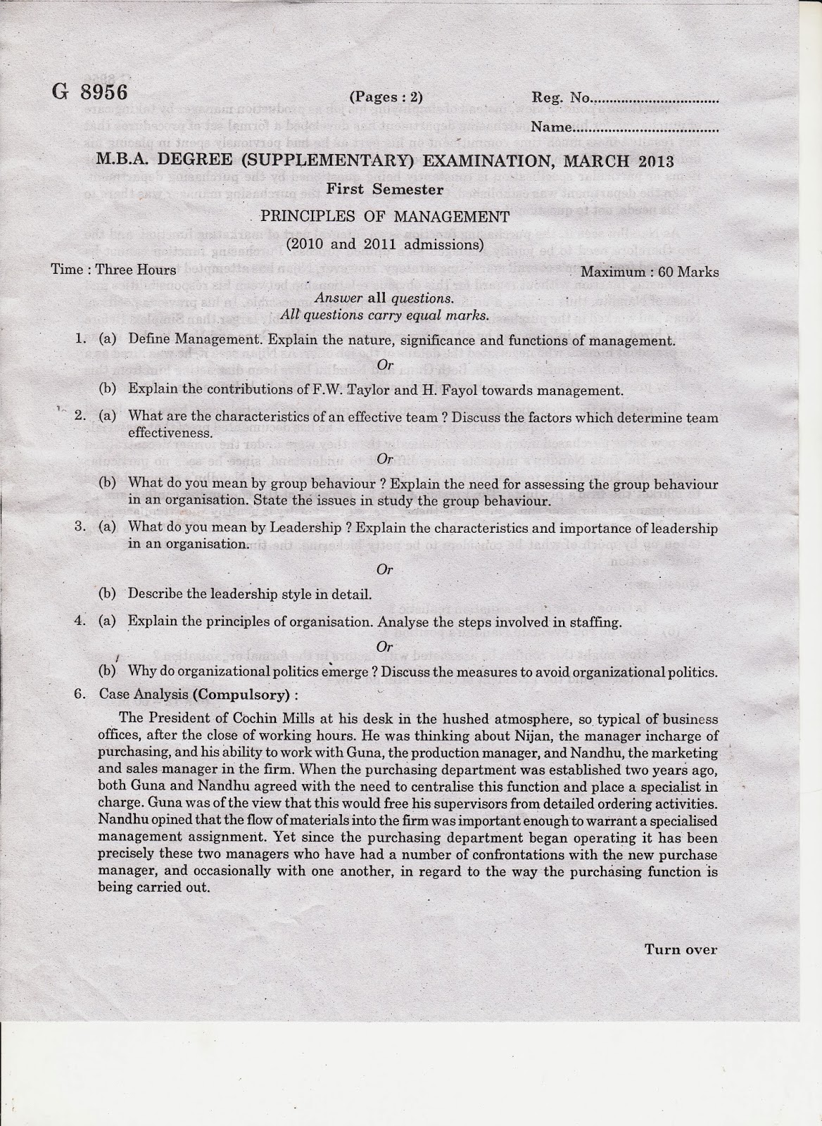 MARIAN LIBRARY: M G University first semester MBA question papers 2013