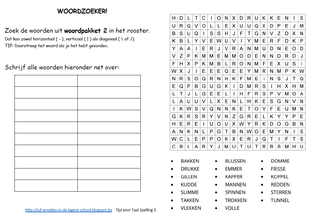 Juf Annelies in de lagere school: Spelling oefenen: woordzoeker en spelbord