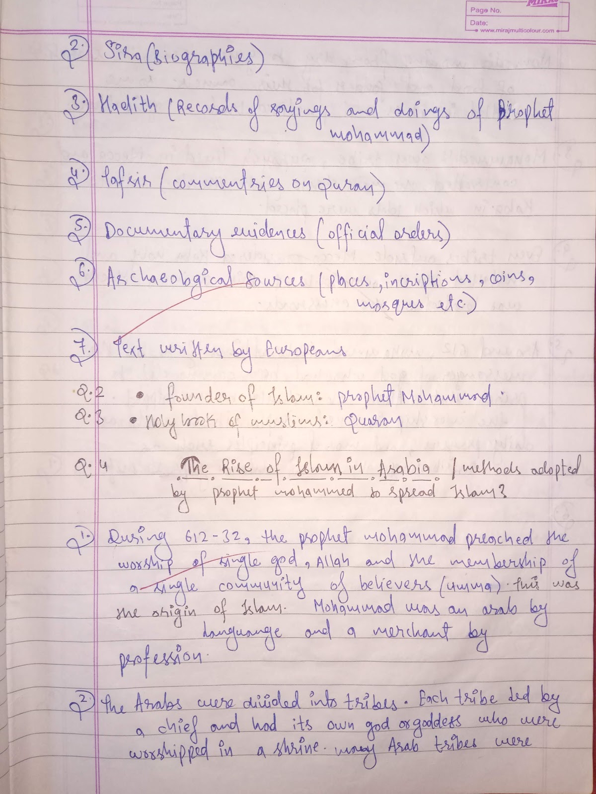 Handwritten Notes of The Central Islamic Lands -class 11th - History