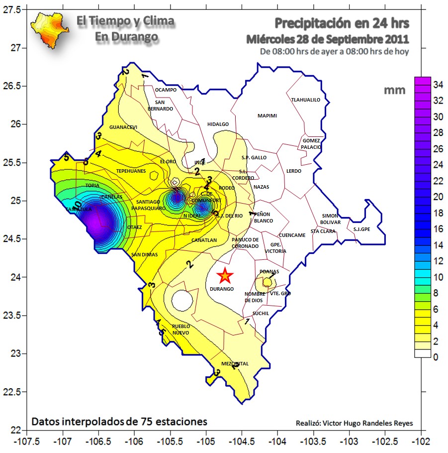 EL TIEMPO Y CLIMA EN DURANGO: MAPAS DE LLUVIA Y TEMP EN 24 HRS