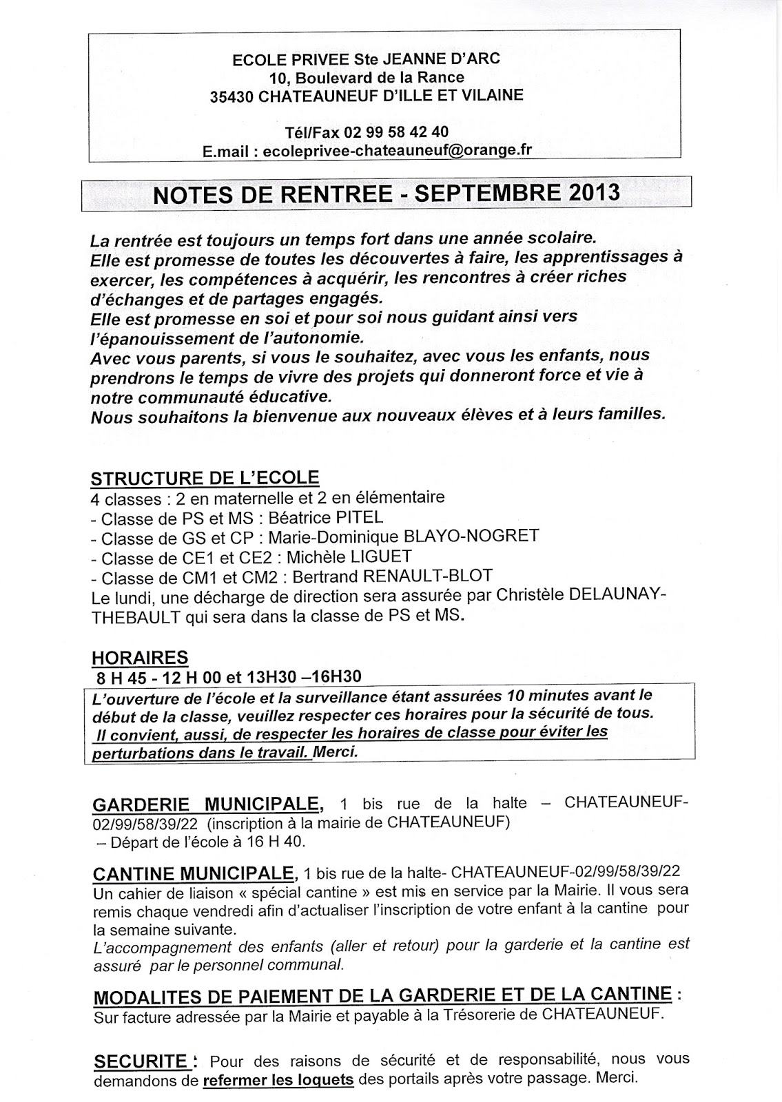 Ecole Privée Chateauneuf d'Ille et Vilaine: Notes de rentrée ...