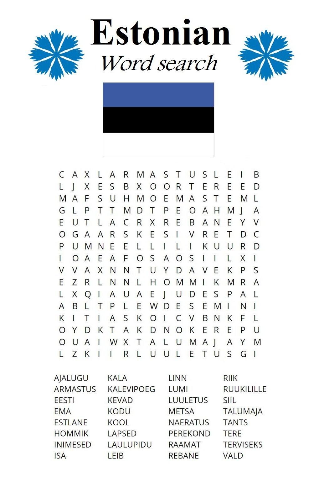Estonia - Paradise of the North: Estonian word search puzzle