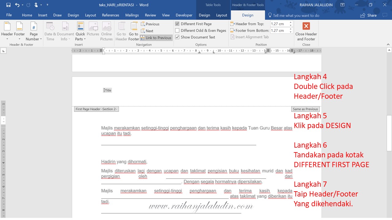 Cara Untuk Membuat Tetapan Berbeza Pada Header & Footer Dalam Satu ...