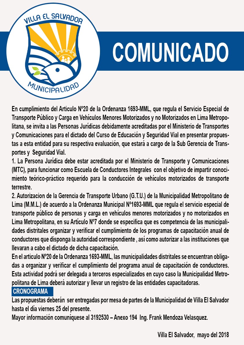 COMUNICADO SUBGERENCIA DE TRANSPORTES Y SEGURIDAD VIAL - Villa el ...