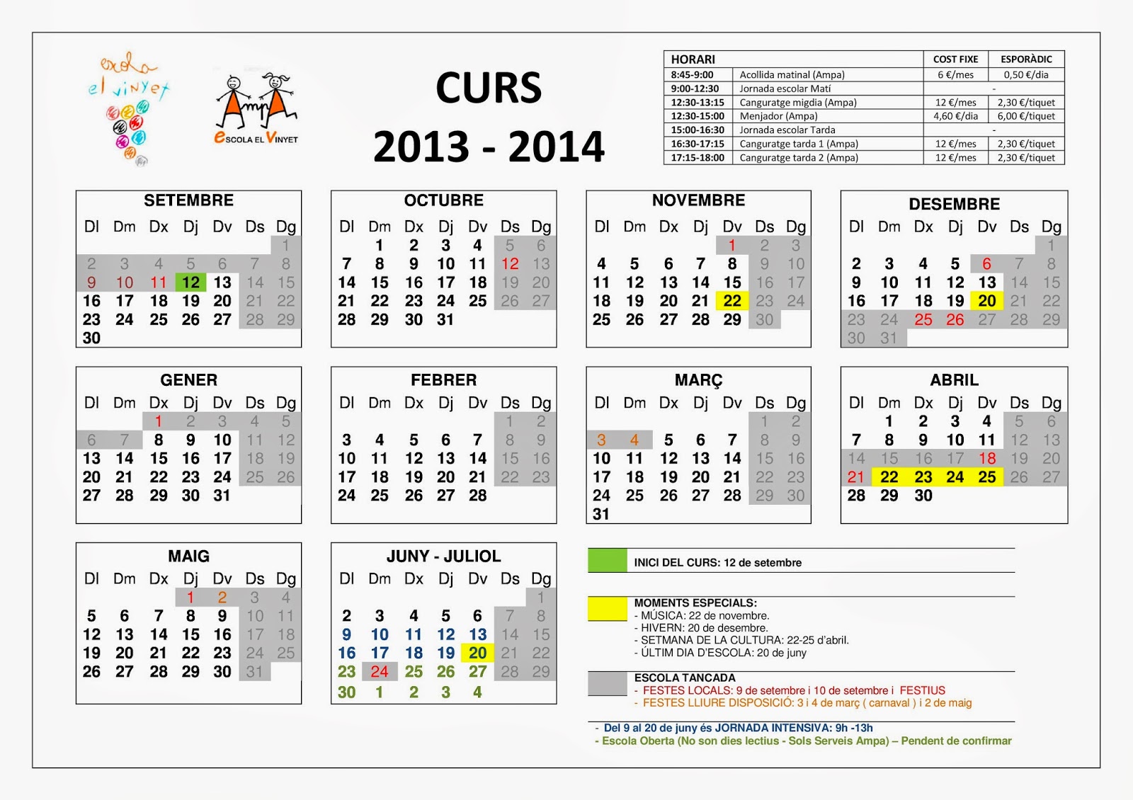 CALENDARI ESCOLAR CURS 2013-2014 ~ AMPA ESCOLA EL VINYET