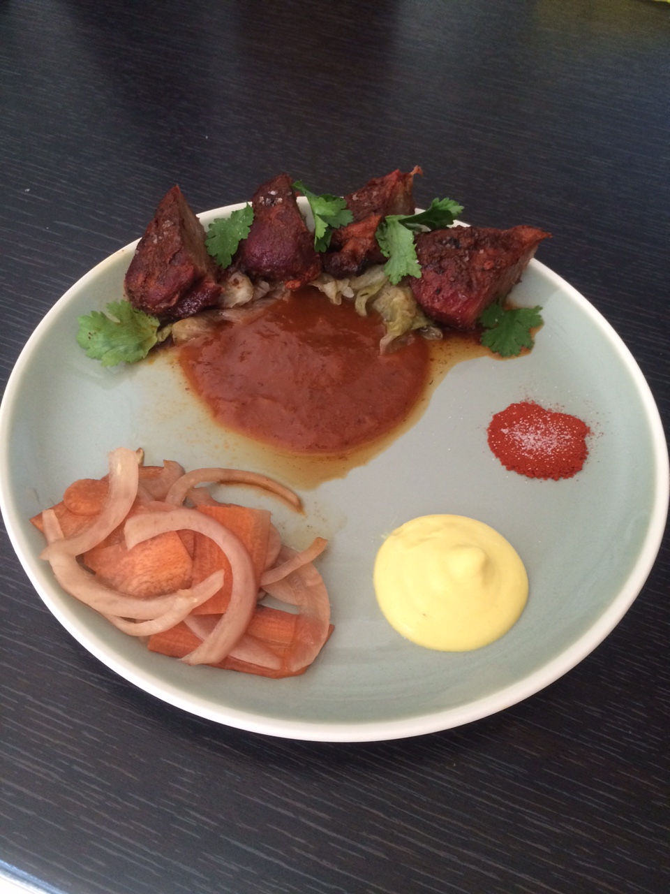 Criggy Bites: Pigs Cheeks with Pickled Vegetables and Spicy BBQ Sauce