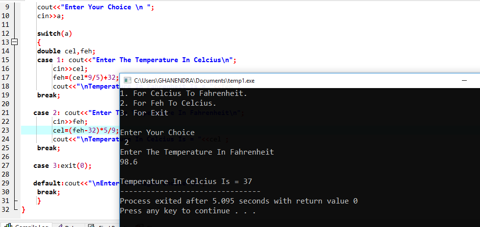 C++ Program to Convert Celsius to Fahrenheit And Vice Versa