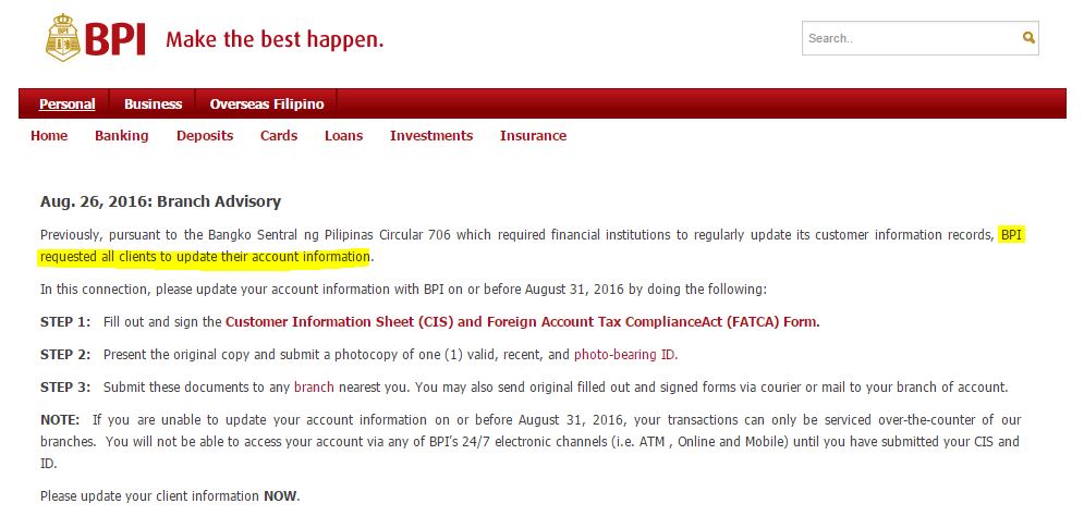 BPI requires all clients to update info or lose access to ATM, Online ...