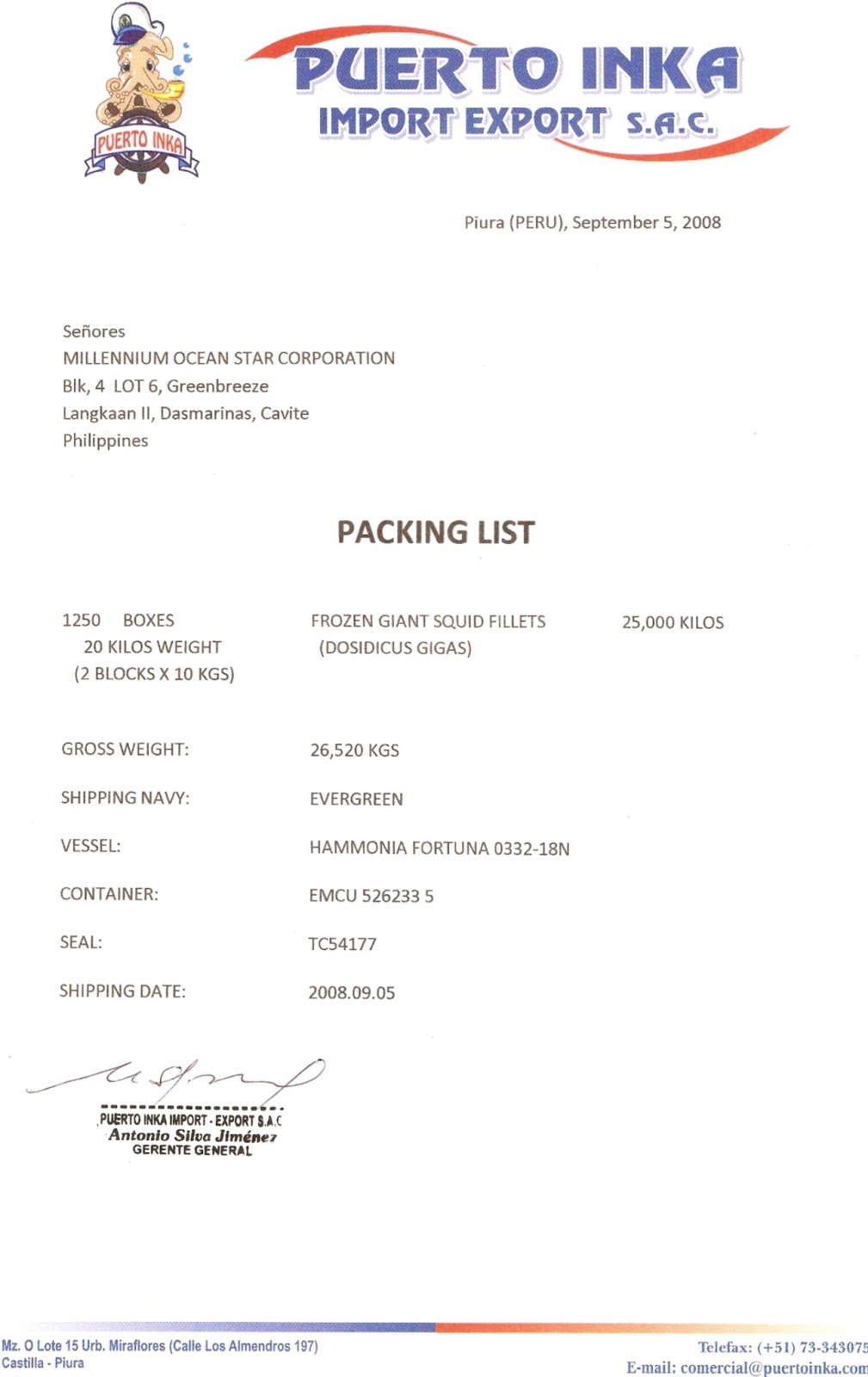 Exportación de Calamar Gigante (Pota) de Perú: PACKING LIST