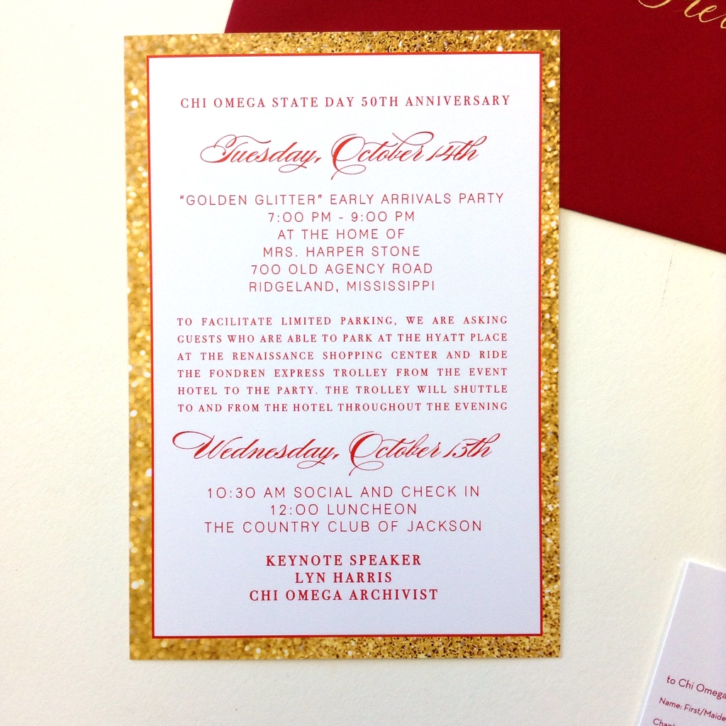 Chi Omega Custom Gold Foil and Glitter Invitations | Fresh Ink : Style ...