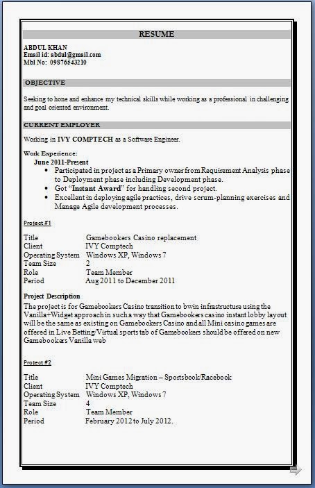 Sample Resume Format Mca Freshers | Sample Resume