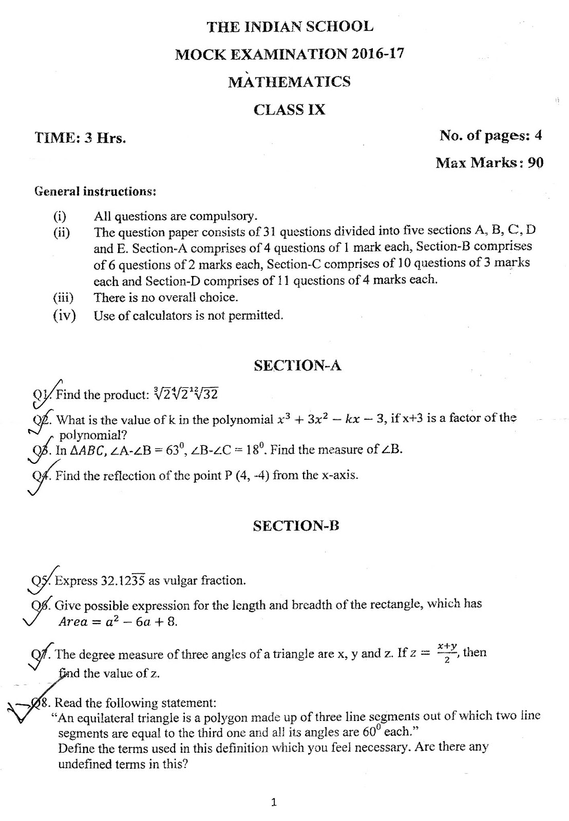 Class IX Mathematics THE INDIAN SCHOOL MOCK EXAMINATION 2016 – 17