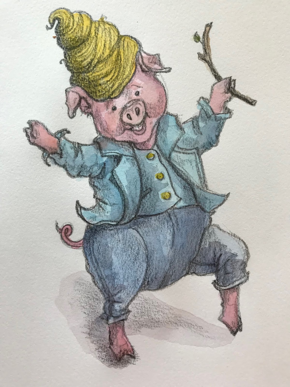 just pencil on paper: Big pig wears a wig, dances a jig with a a twig