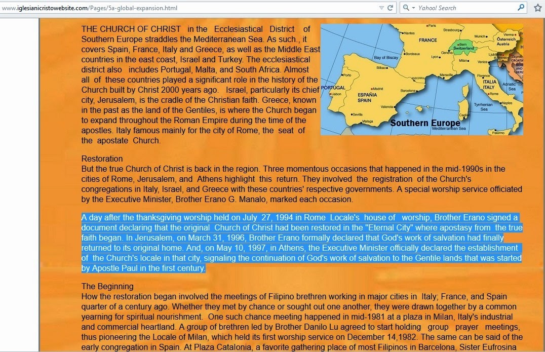 In Defense of the Church: ERAÑO MANALO: The Church of Christ finally ...