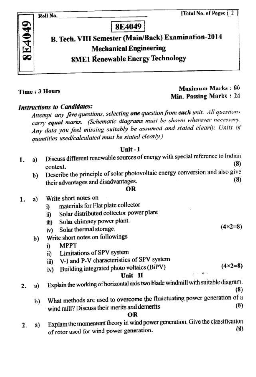 RTU B.Tech 08th Semester Renewable Energy Technology 2014 Question ...