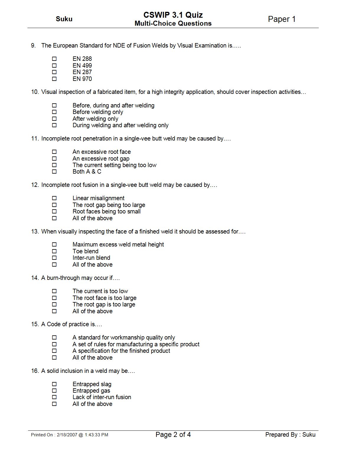 welding technology: CSWIP BRIDGING QUESTIONS