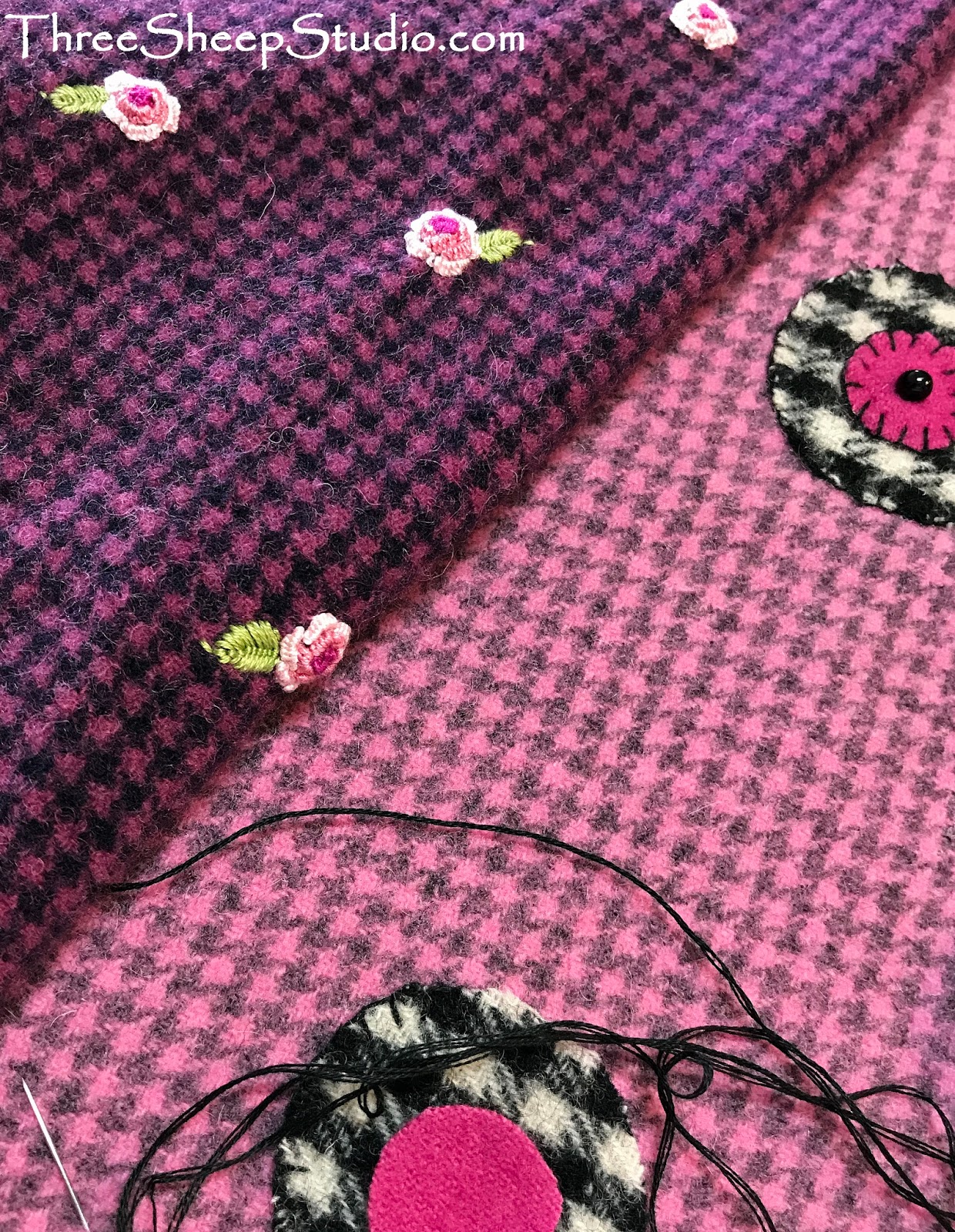 Three Sheep Studio: Hand Dyed Pink Houndstooth Wool...