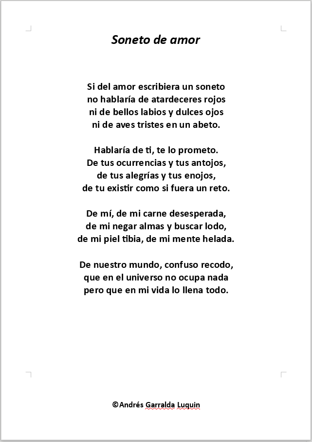 Andrés Garralda. Mis escritos: Soneto de amor. Soneto marzo 2019