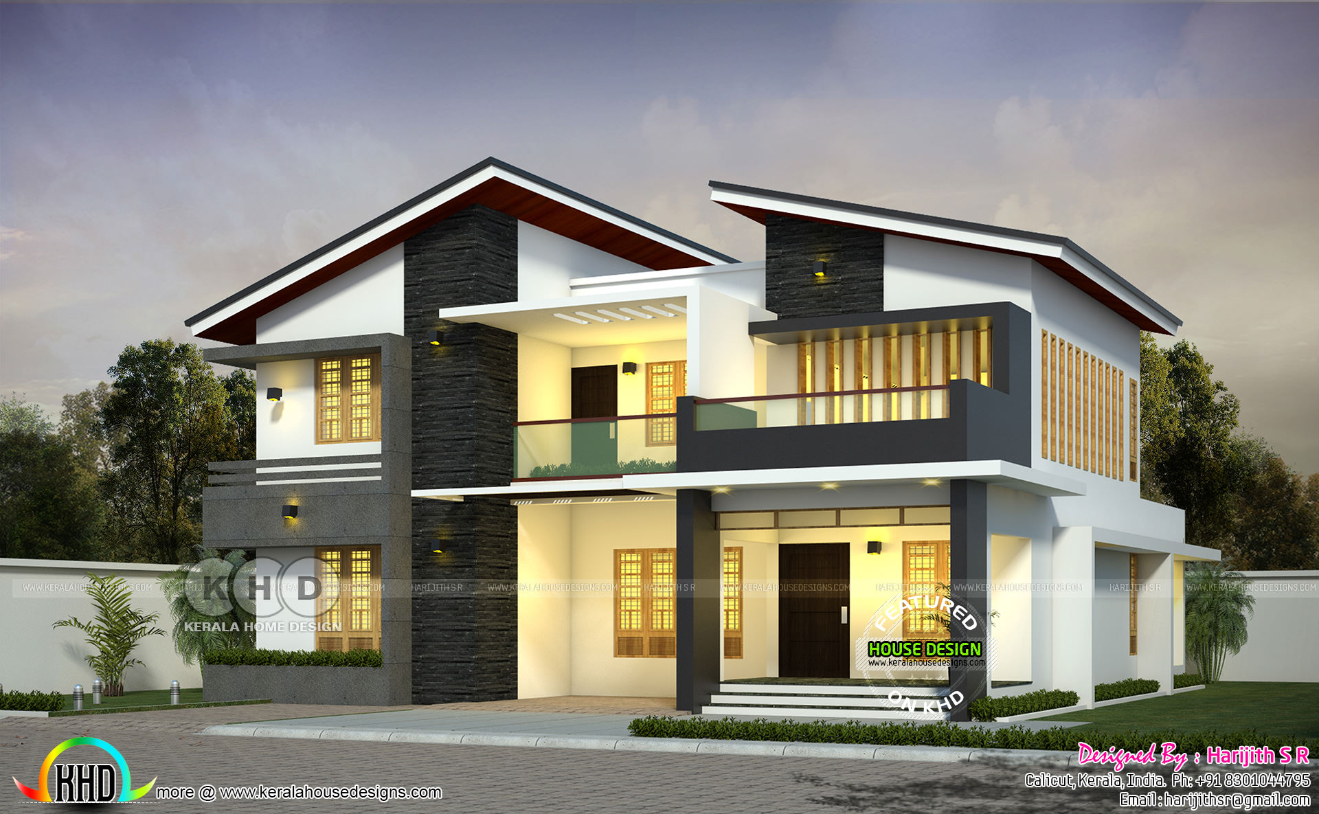 3 bedroom 2981 square feet slanting roof house plan - Kerala Home ...