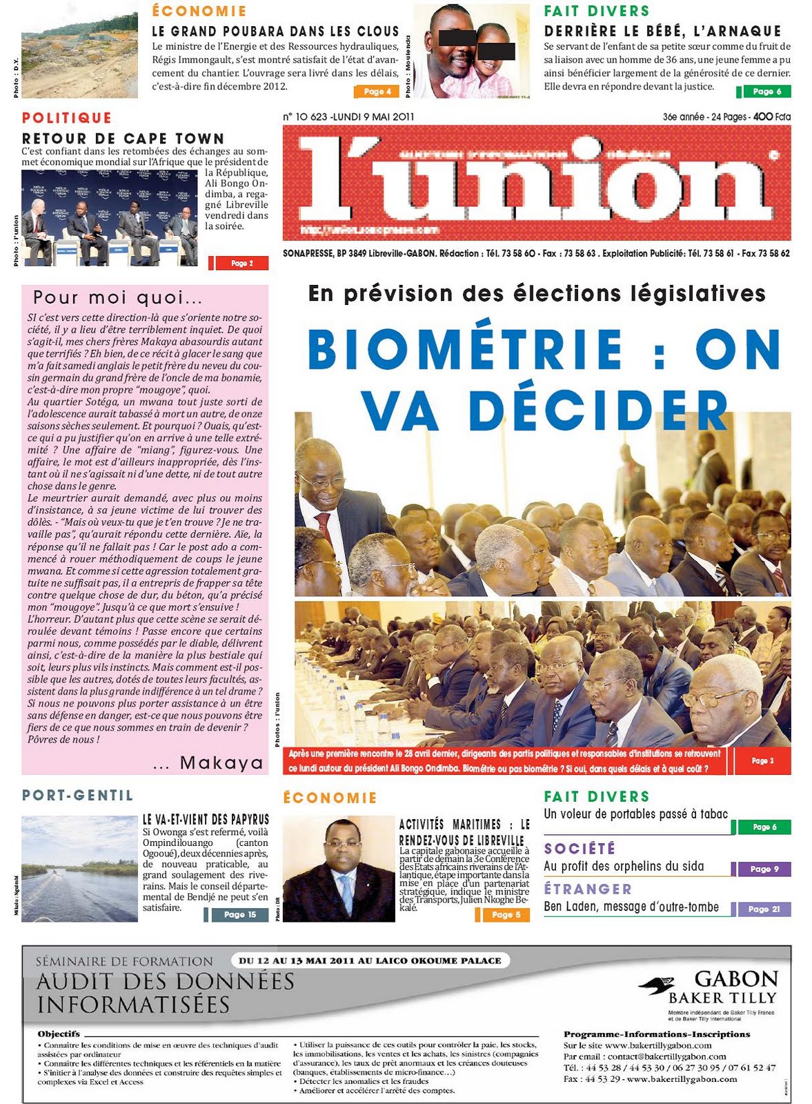 LES JOURNAUX "L'UNION" ET "GABON-MATIN" PARUS LE 9 MAI 2011