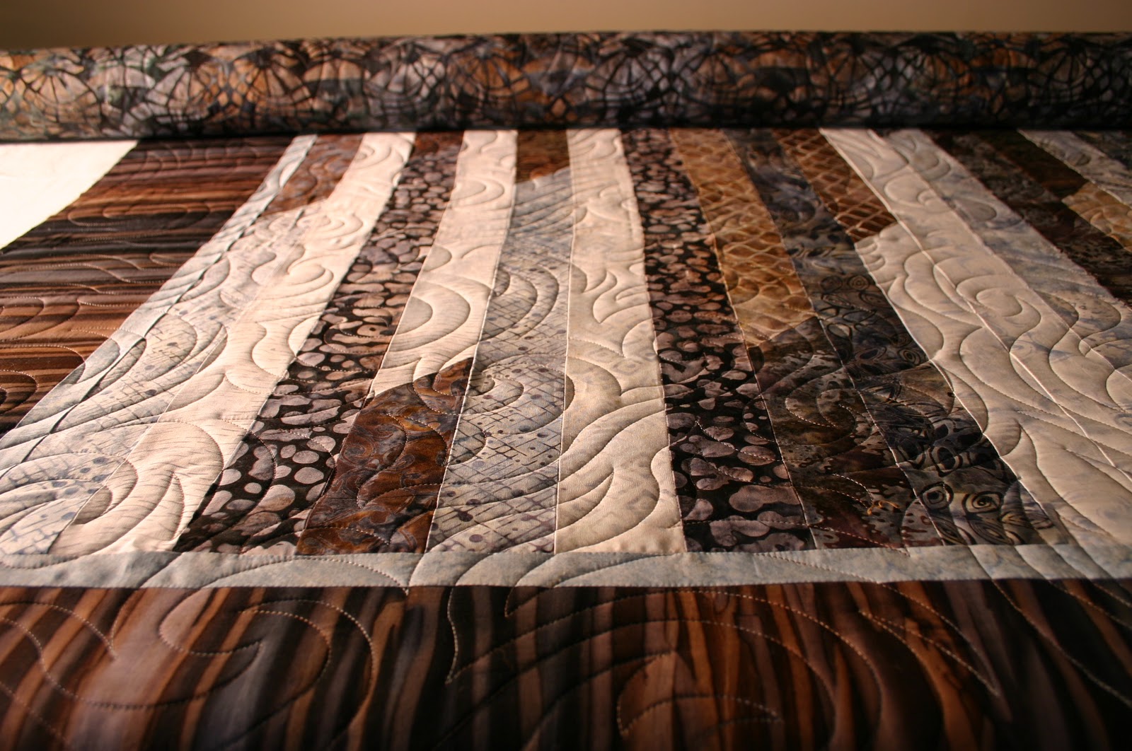 Three Bears Quilting: Kathleen's Brown Batik Strip Quilt is finished!