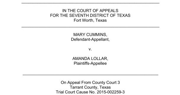 Mary Cummins, Amanda Lollar Texas lawsuit 2015-00259-3 - Judge Mike ...