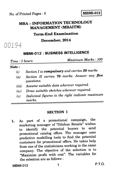 IGNOU MBA MBMI-012 : BUSINESS INTELLIGENCE December 2014 Question Paper ...