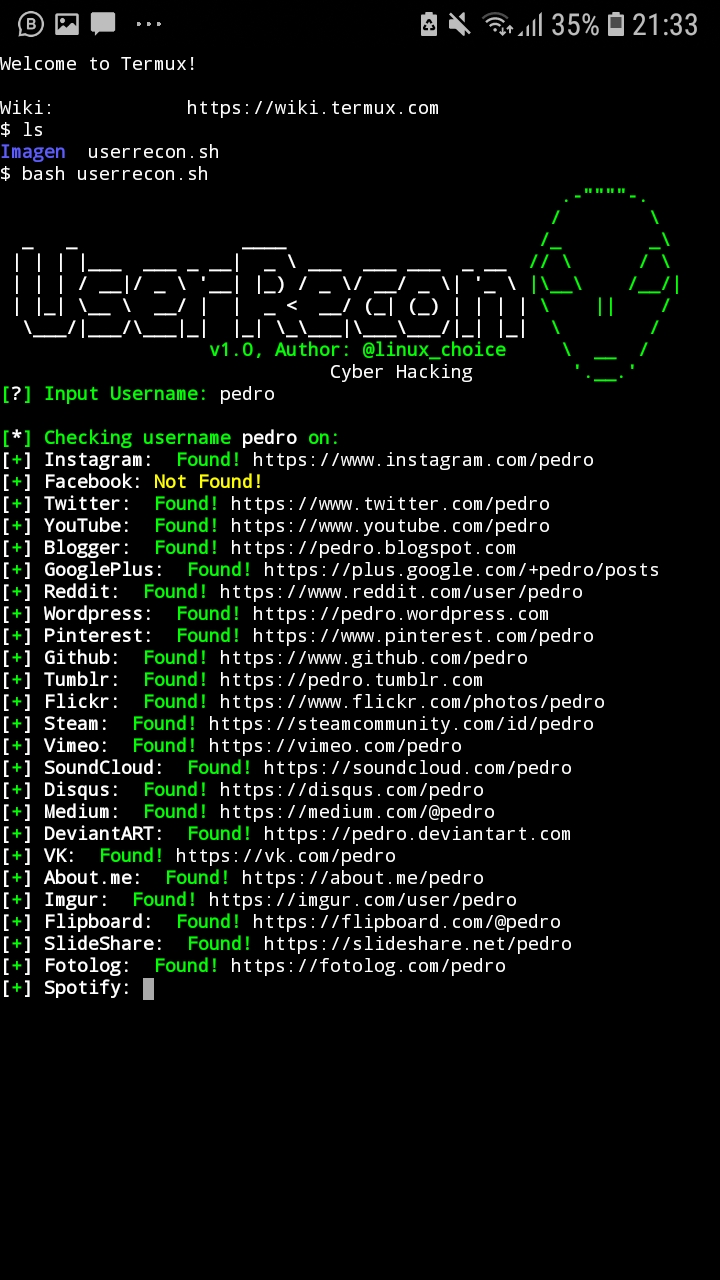Termux buscar con userRecon redes sociales de un persona