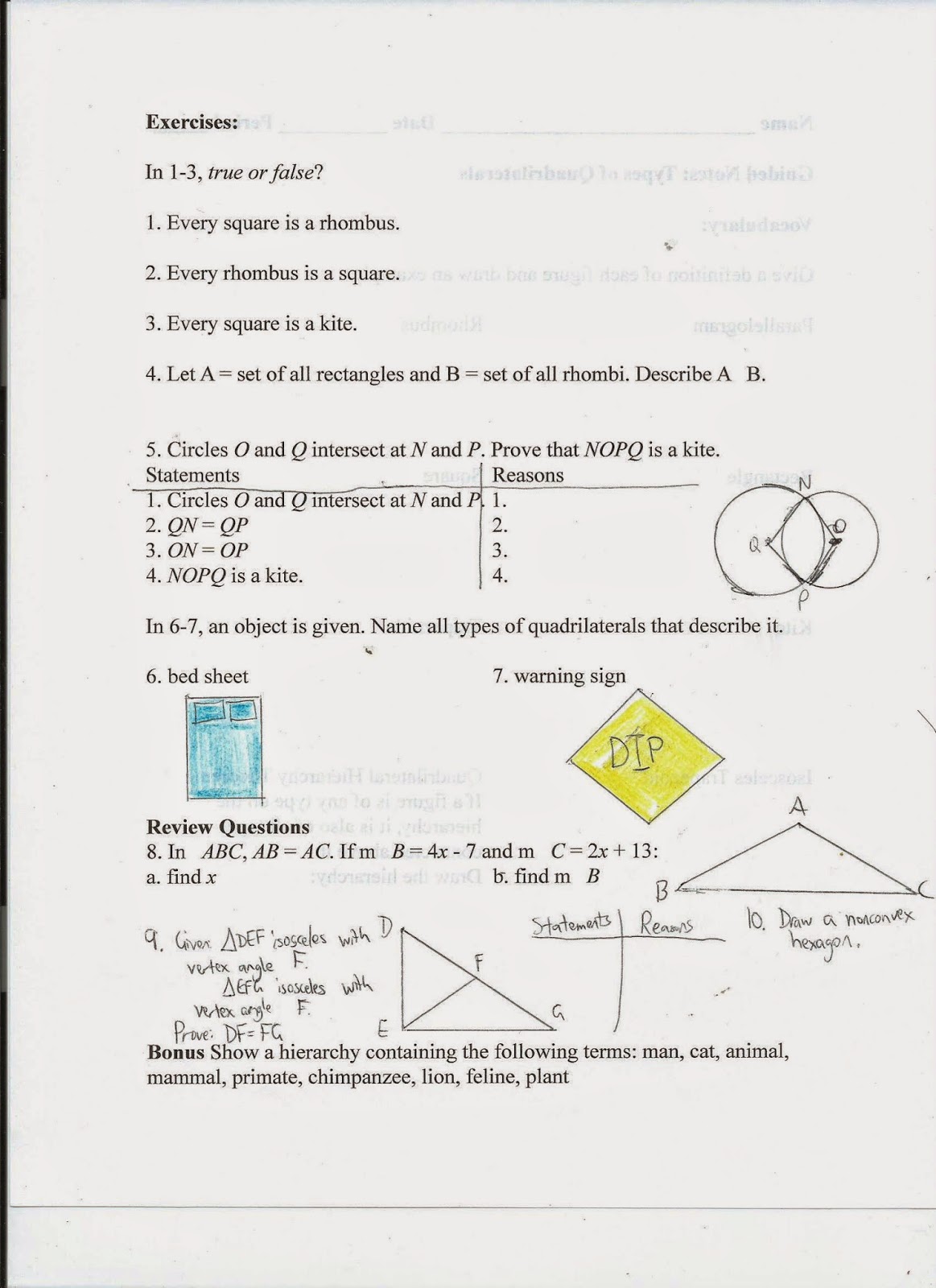 Geometry, Common Core Style: Lesson 5-2: Types of Quadrilaterals (Day 52)
