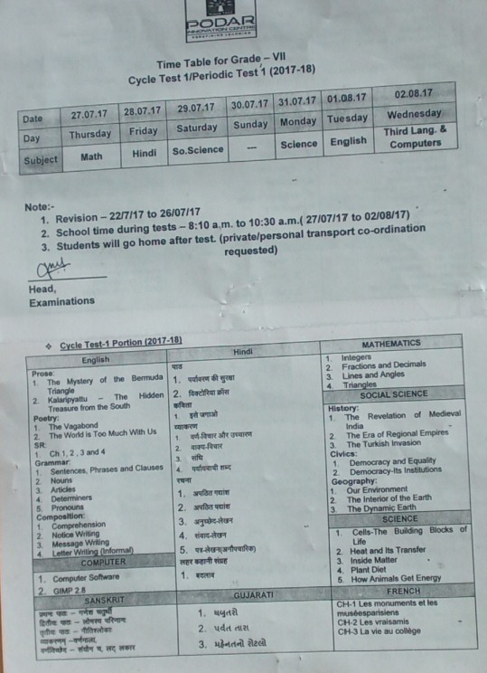 Class- 7- CYCLE TEST -1 time table and portion