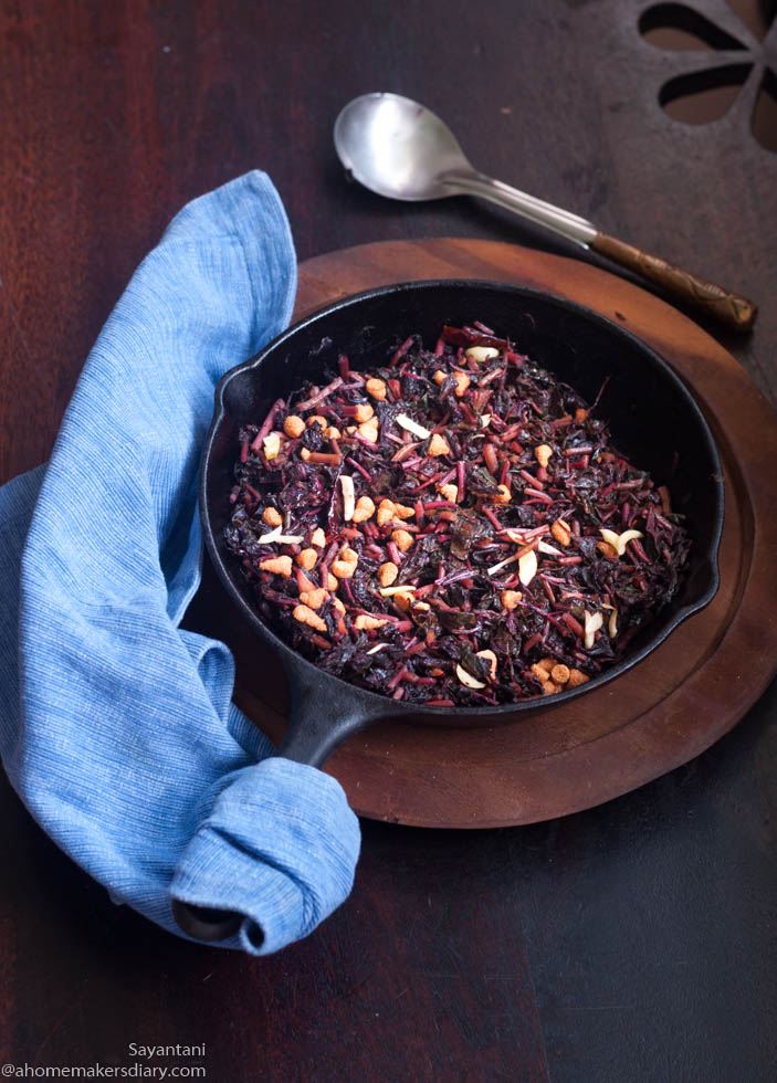 Rosun, bori die Lal shaak Bhaja / Sauteed Red Amaranth with garlic and ...