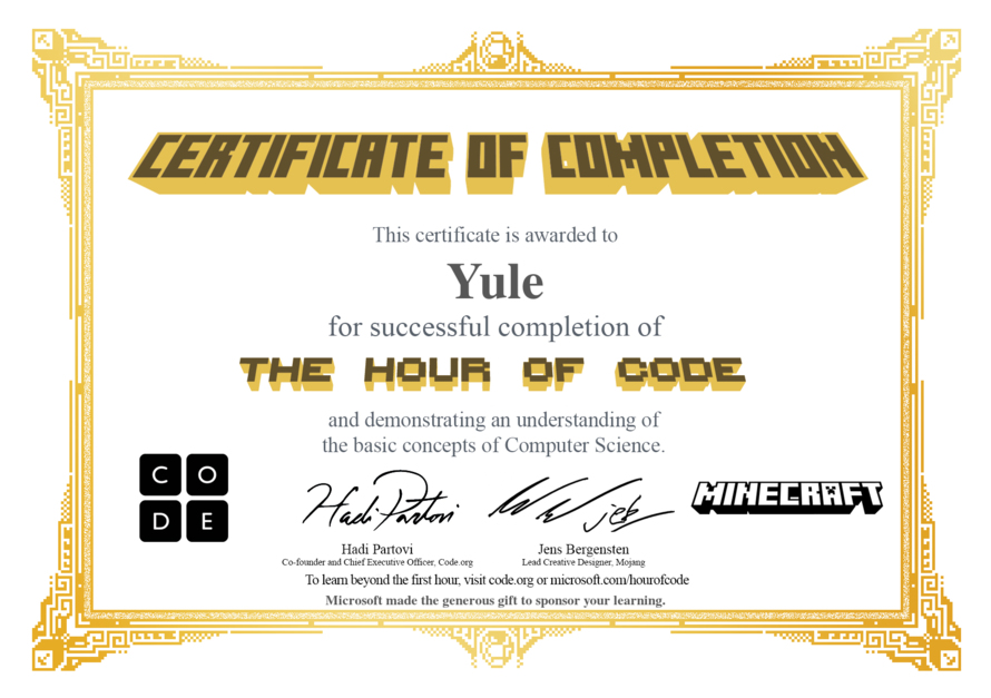 BIS Yule Un Park: Minecraft coding certificate