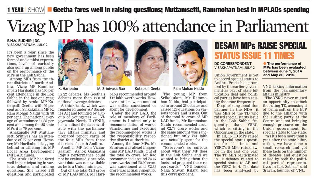 My stories: Vizag MP has 100 % attendance in parliament