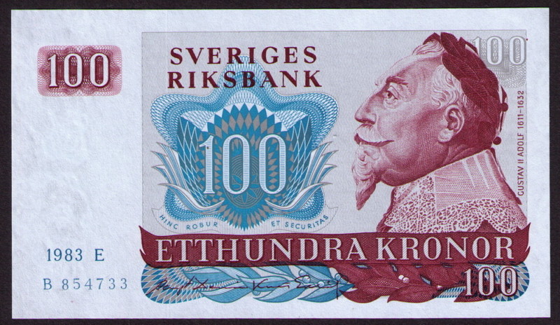 Sweden banknotes 100 Kronor note, King Gustav II Adolf & Royal Warship ...