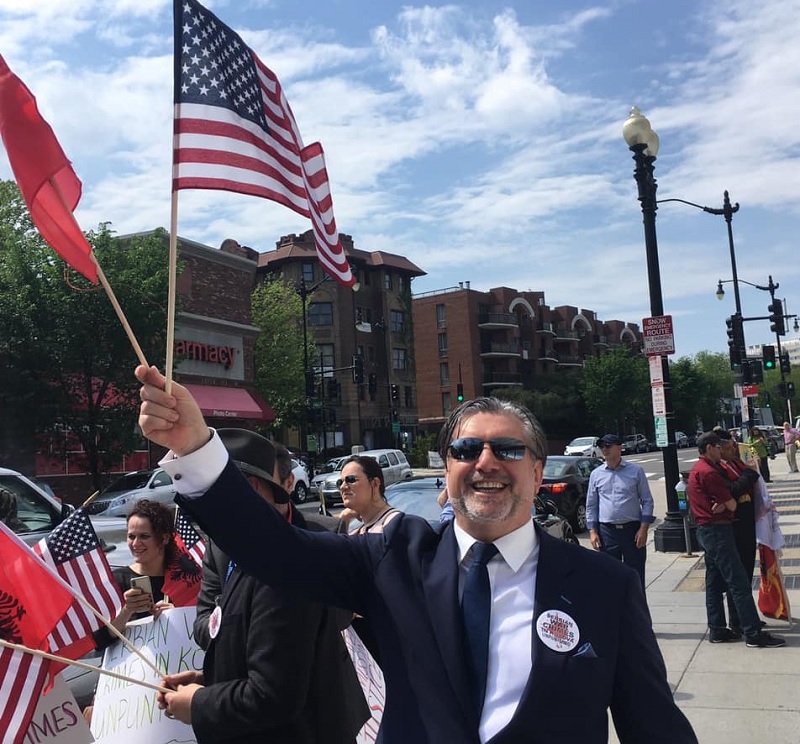 American Albanians protesting at Serbian Embassy in Washington about ...