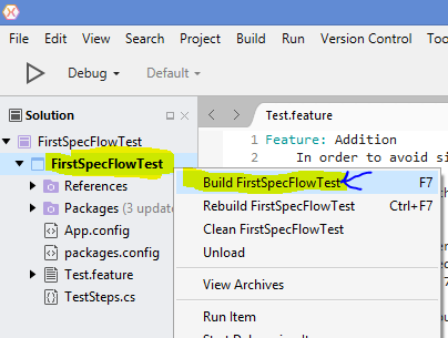 C# Xamarin Studio - SpecFlow configuration, creating sample feature ...