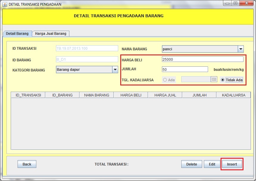 YUSI MEGA: Form Detail Transaksi Pengadaan Barang Aplikasi Toko
