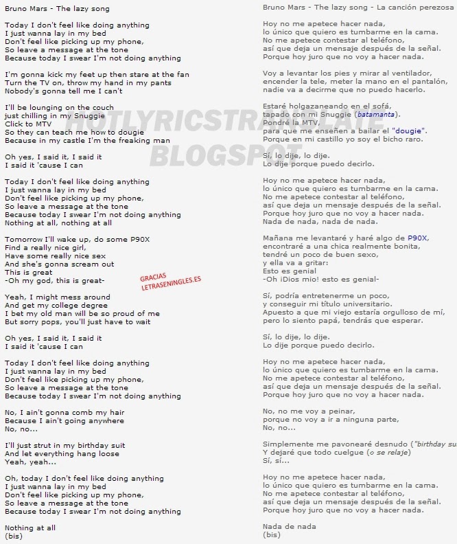 TOP LYRICS TRANSLATED CANCIONES TOP TRADUCIDAS: Bruno Mars - The Lazy ...
