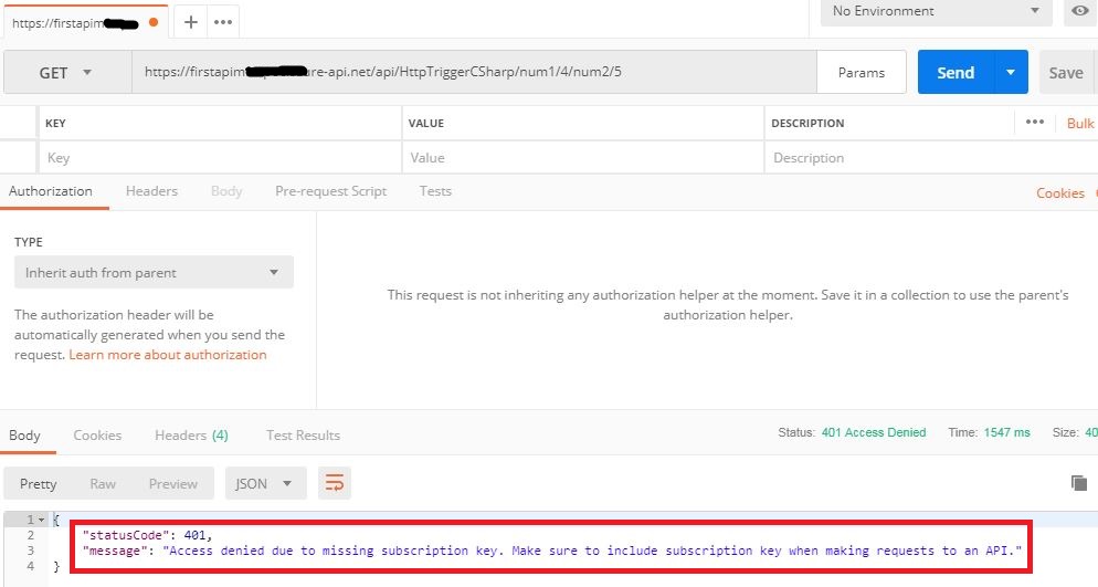 Access denied due to missing subscription key
