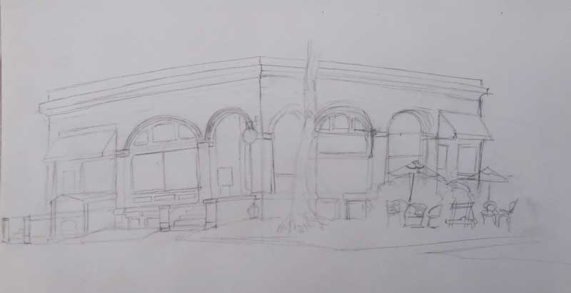 Kats Mish Mash: pencil sketch of Wales Bank Building Now Mama D's 9/27/12